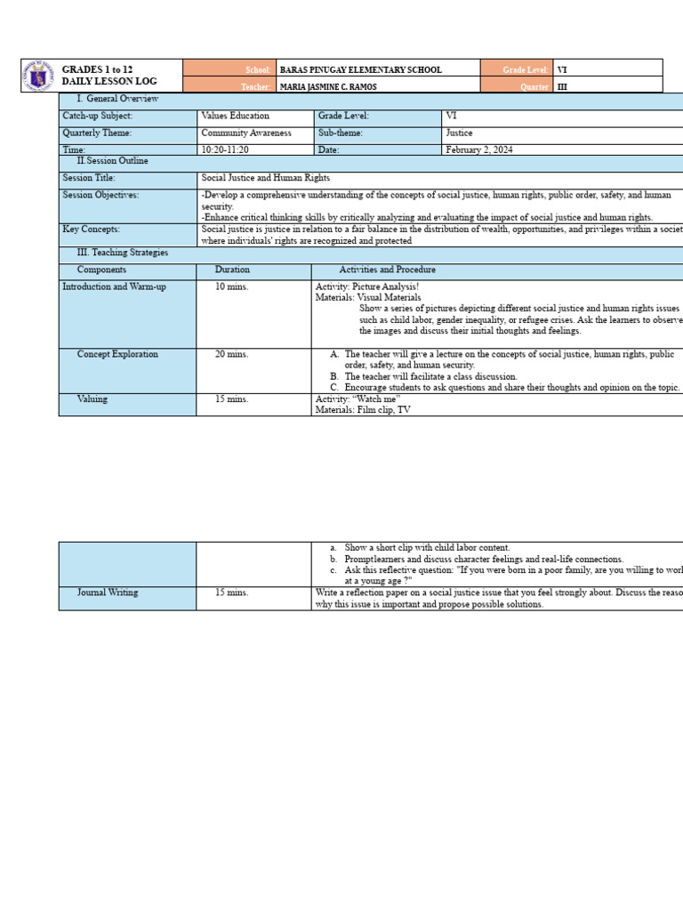 VALUES EDUCATION-Catch-up Friday Lesson Plan | PDF | Social Justice ...