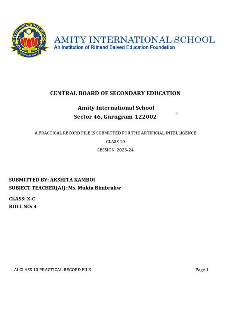 Practical File Artificial Intelligence Class 10 For 2023-24 | PDF ... Practical File Artificial Intelligence Class 10 For 2023-24 | PDF ...