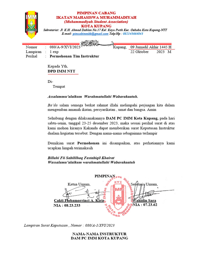 Surat Permohonan SK Instruktur Dam PC Imm Kota Kupang | PDF