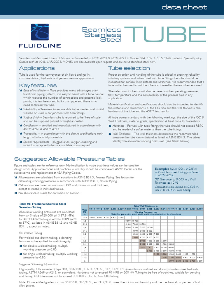Data Sheet SS316L Seamless Tube Fluidline Customer | PDF | Pipe (Fluid ...