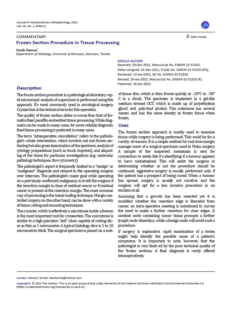 Frozen Section Procedure in Tissue Processing | PDF | Clinical Medicine ...