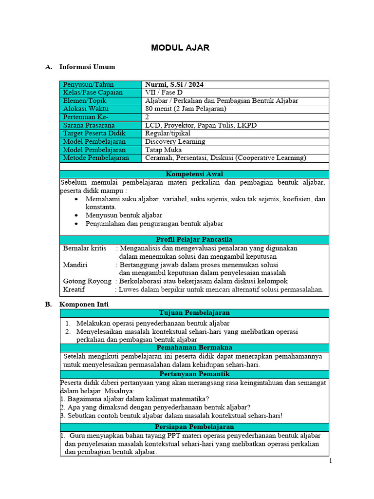 MODUL AJAR - PERTEMUAN 2 Edit - Perkalian Pembagian Aljabar - NURMI | PDF