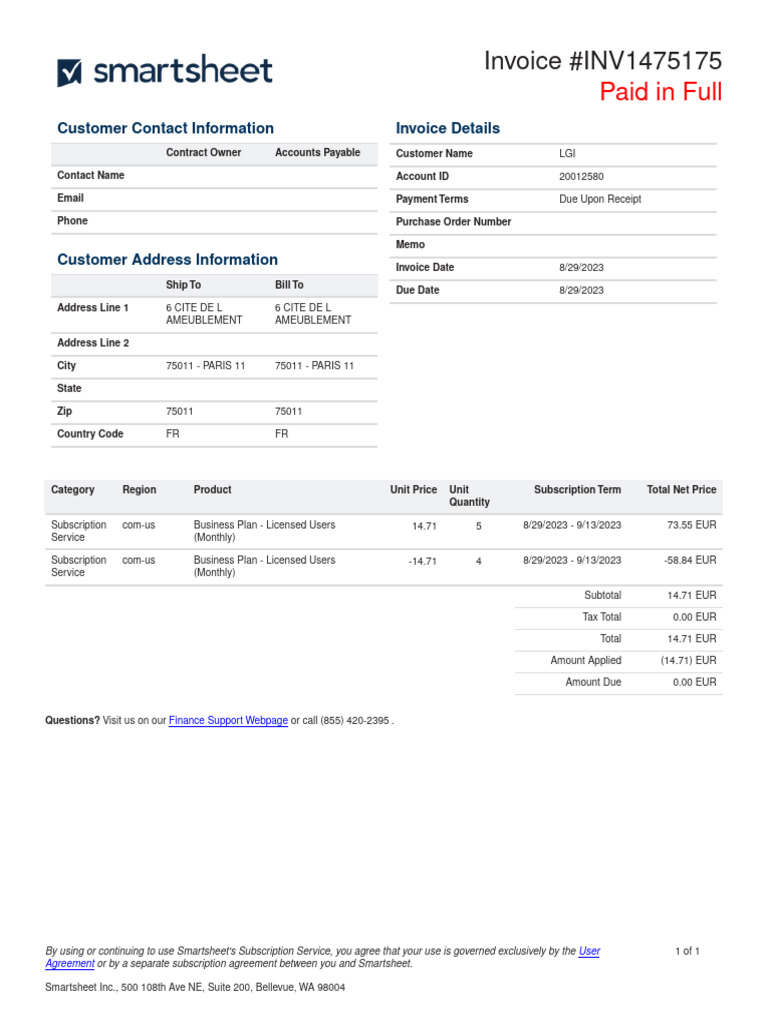 SMARTSHEET Invoice - INV1475175 | Download Free PDF | Invoice | Receipt