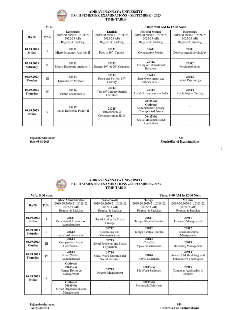 PG II Semester Time Table Sep 2023 PDF Zoology Physics