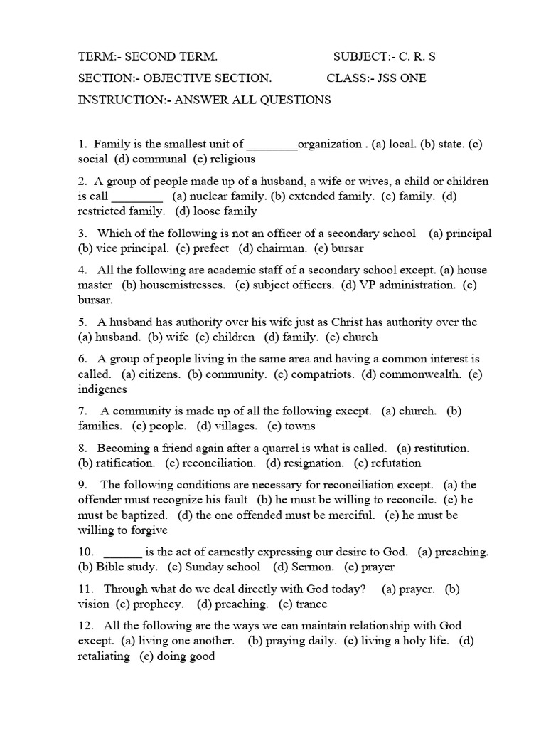 Jss1 Crs Second Term Exam Questions Pdf Sermon Theology