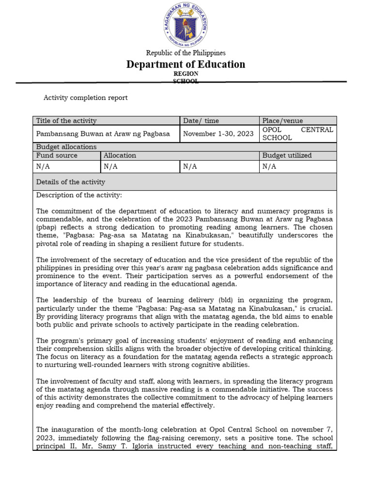 Ocs Activity Report Template | PDF | Teachers | Learning