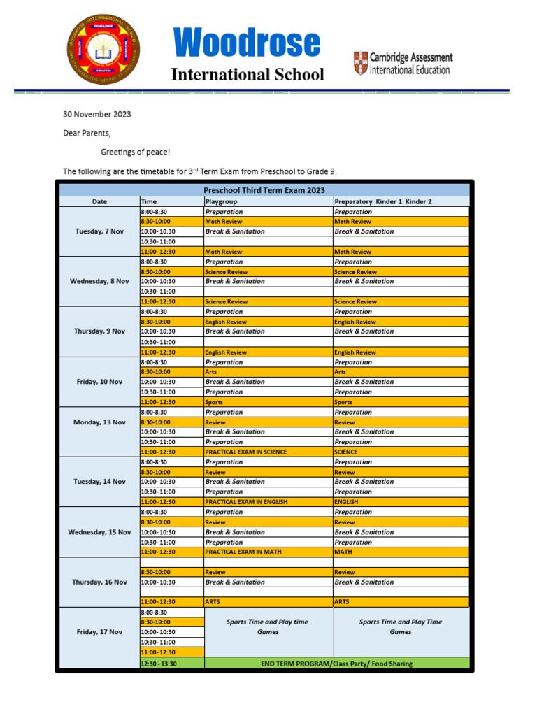 Third Term Exam Timetable 2023 | PDF | Science
