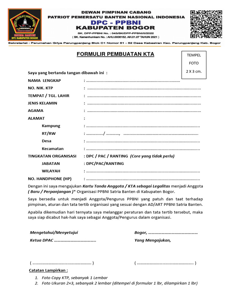 FORMULIR PEMBUATAN KTA ANGGOTA | PDF