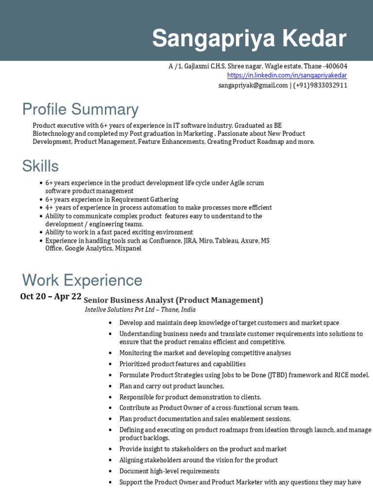 Sangapriya Kedar Resume | Download Free PDF | Scrum (Software Development) | Agile Software ...