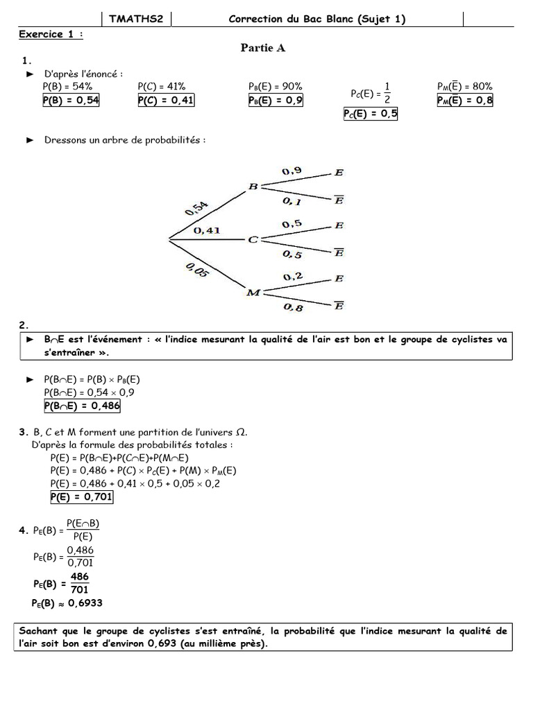 Correction Bac Blanc Mathématiques | PDF | Mathématiques | Probabilité