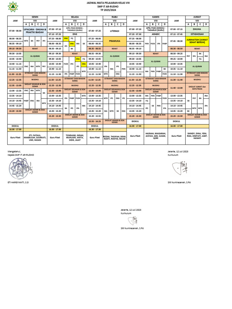 Jadwal Mapel Kelas VIII T.P 2023 2024 | PDF Jadwal Mapel Kelas VIII T.P 2023 2024 | PDF