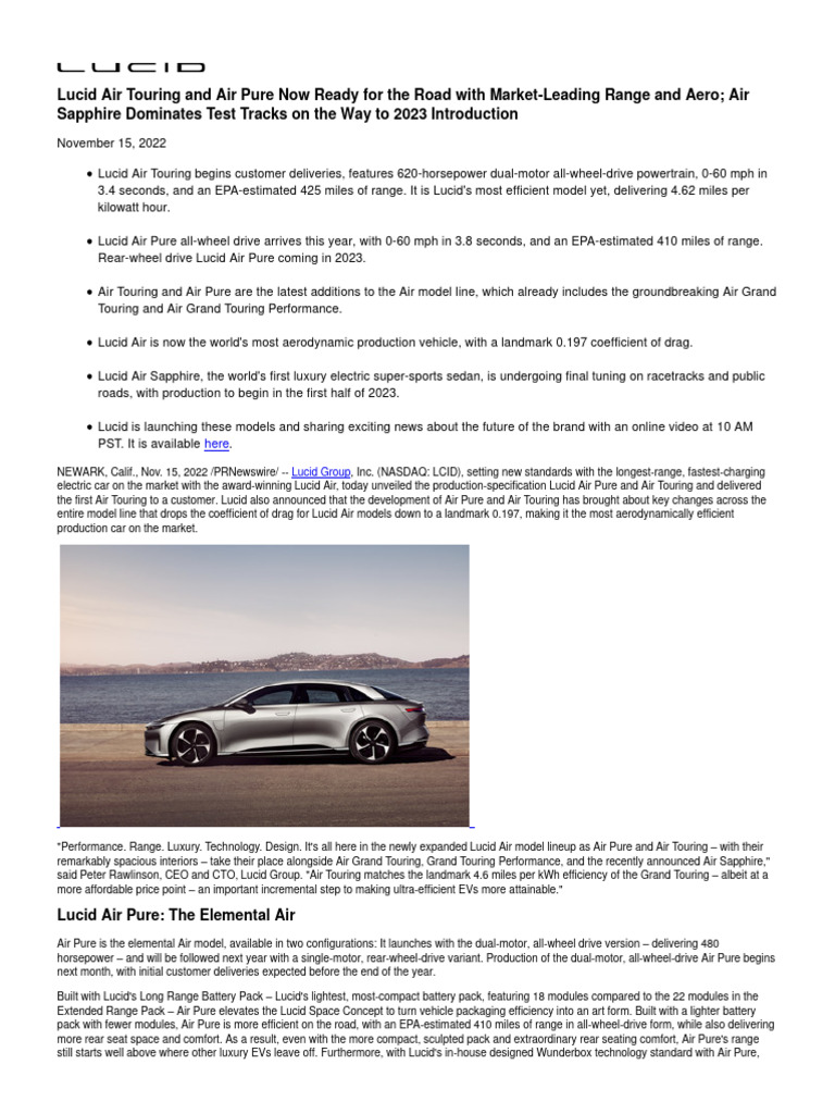 Lucid Air Touring & Pure: Specs & Launch | PDF | Tesla Model S | Risk
