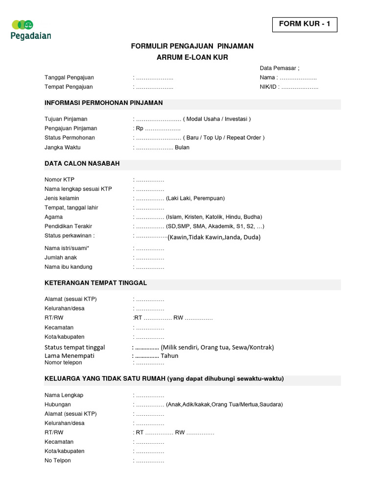 FORM KUR 1 - Formulir Permohonan Pinjaman Arrum E-Loan KUR | PDF