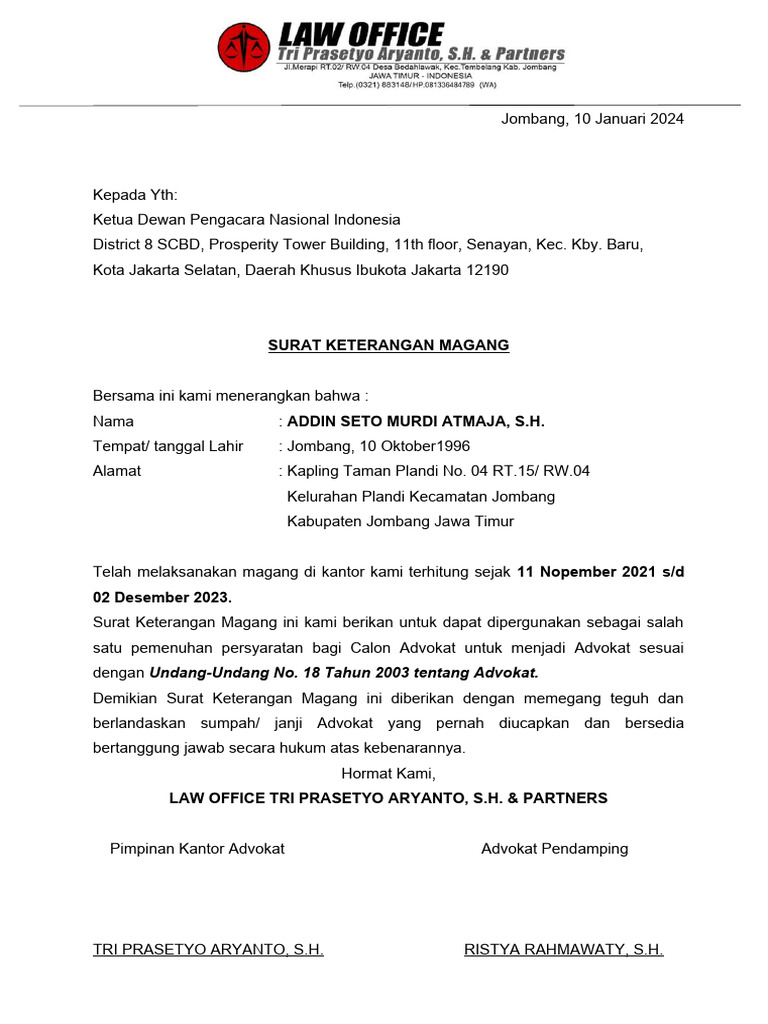 Surat Keterangan Magang Advokat | PDF