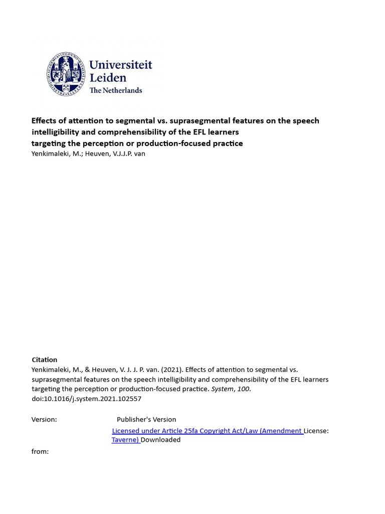 Effects of Attention To Segmental Vs Suprasegmental Features On | PDF | English As A Second Or ...