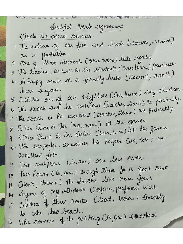 English Homework (Sub - Verb Agreement) | PDF