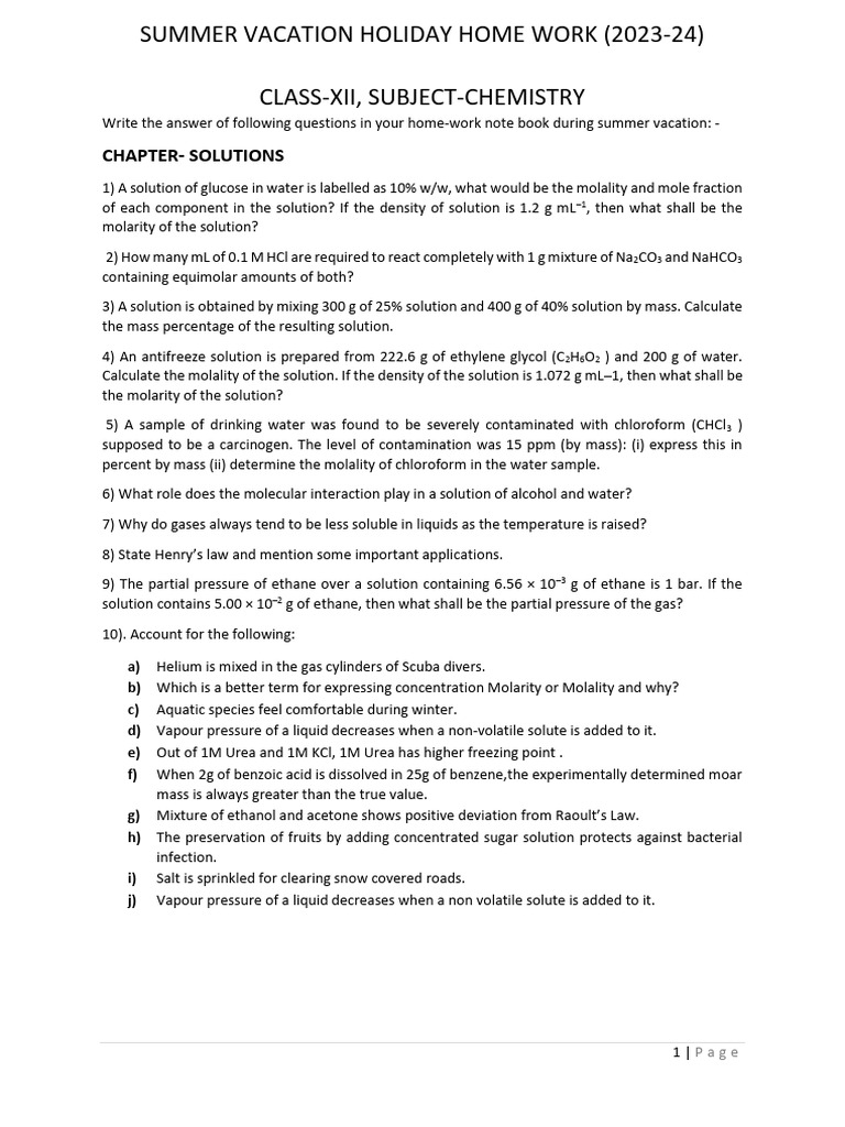 Holiday Homework Summer Vacation 22 23 E | PDF | Electricity | Chemical ...
