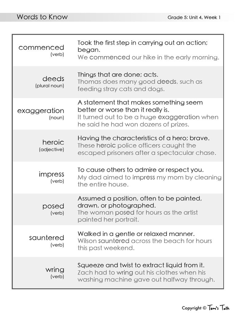 Words To Know: Grade 5: Unit 4, Week 1 | PDF | Verb