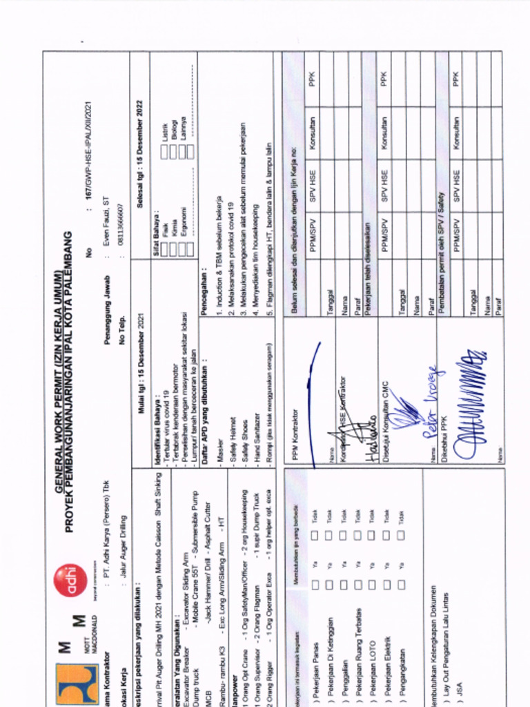Work Permit Arrival Pit Auger Drilling MH 2021 Dengan Metode Caisson ...