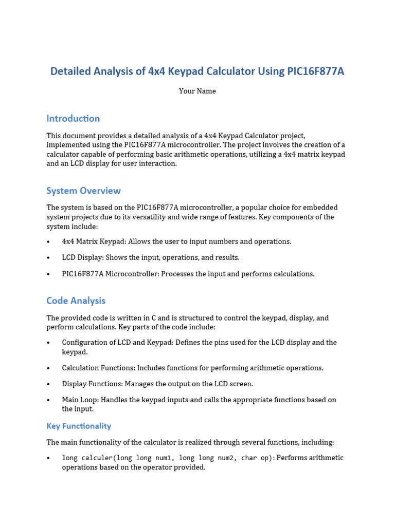 Detailed Analysis of 4x4 Keypad Calculator Using PIC16F877A: Key Functionality | PDF ...