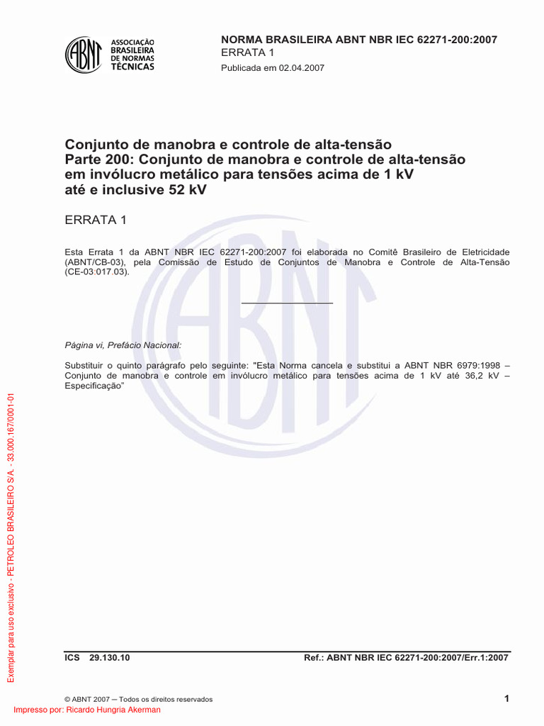Errata NBR IEC 62271-200:2007 | PDF