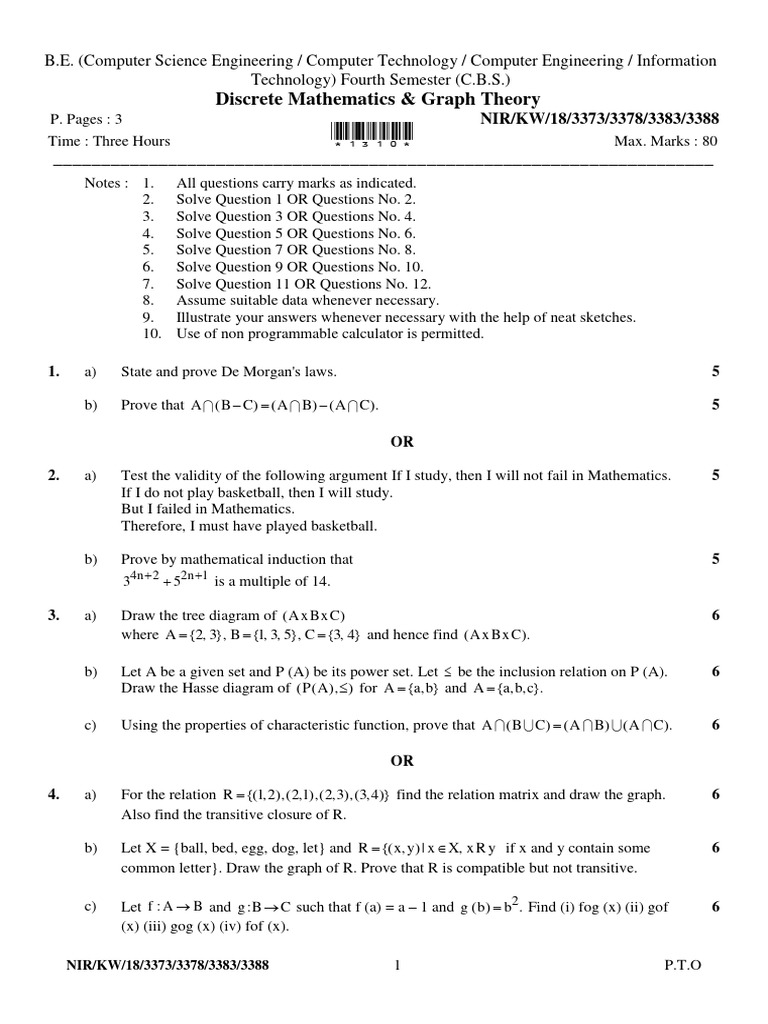 Cse 4 Sem Discrete Mathematics and Graph Theory Winter 2018 | PDF ... Cse 4 Sem Discrete Mathematics and Graph Theory Winter 2018 | PDF ...