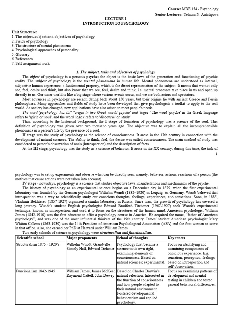 1 - Lecture - Introduction To Psychology | PDF | Psychology | Cognition