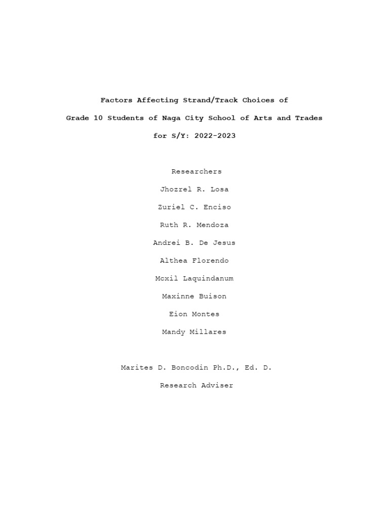 Factors Affecting Strand Track Choices of Grade 10 Students of Naga ...