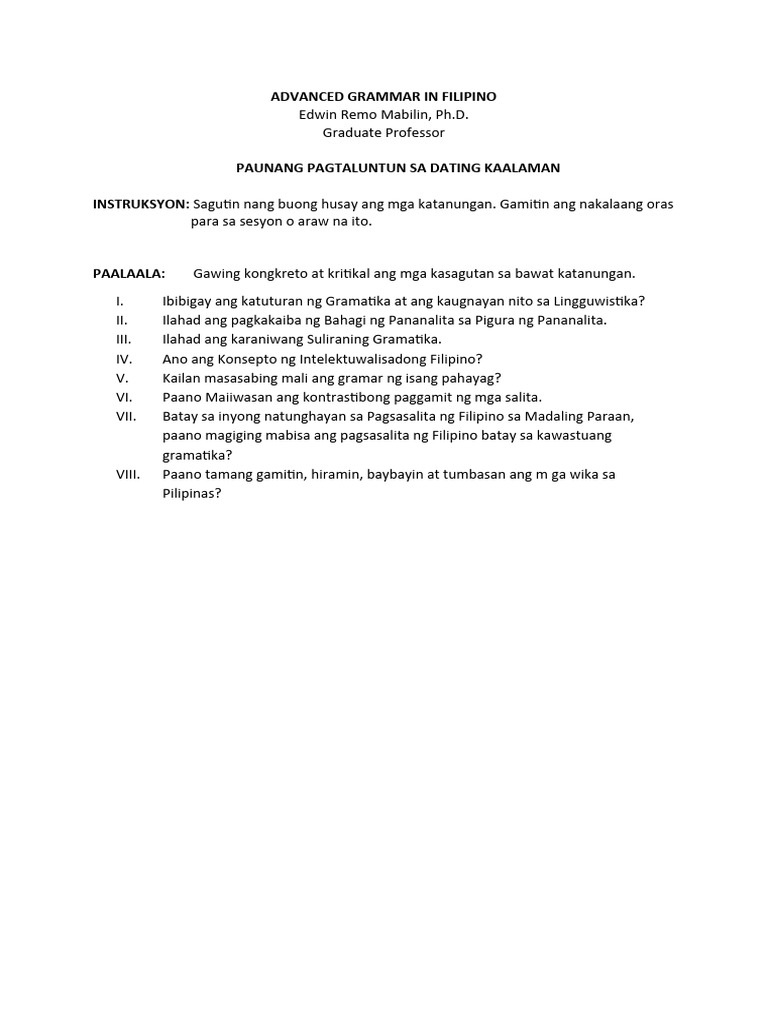 First Acitivity Advanced Grammar in Filipino | PDF