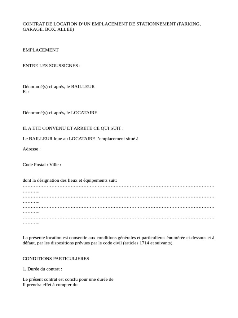 Contrat de location d'emplacement de parking | PDF | Location | Droit privé