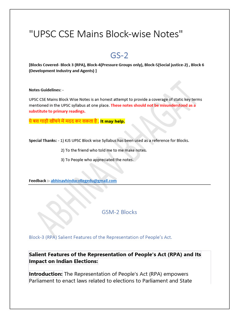 UPSC GS-2 Block-wise Notes Overview | PDF | Food Security | Health Care