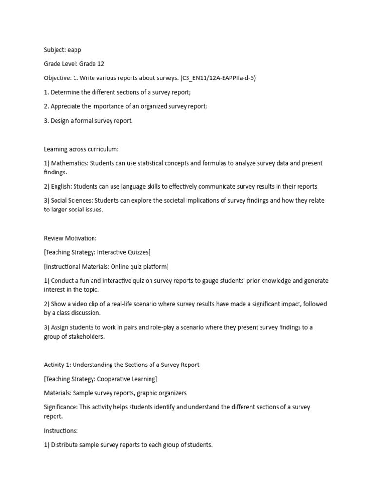 Creating A Survey Report DLP | PDF | Learning | Rubric (Academic)