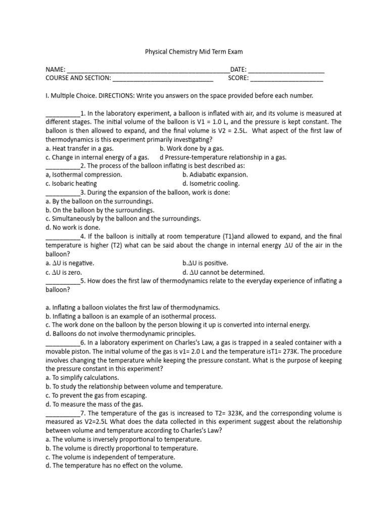 Physical Chemistry Midterm Exam Guide | PDF | Gases | Temperature