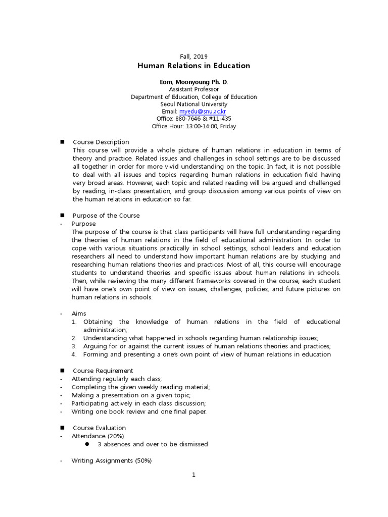 2019 Human Relations In Education Syllabus Pdf Theory Human