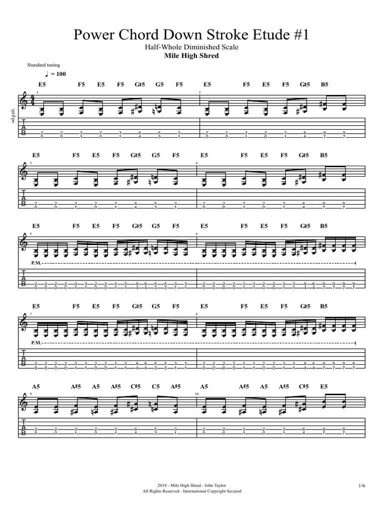 Power Chord Down Stroke Etude 1 - Half-Whole Diminished Scale | PDF ...