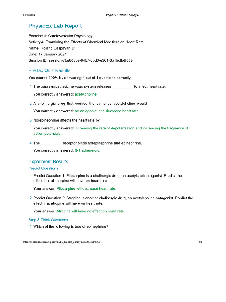 Physio Ex Exercise 6 Activity 4 Pdf Acetylcholine Heart Rate