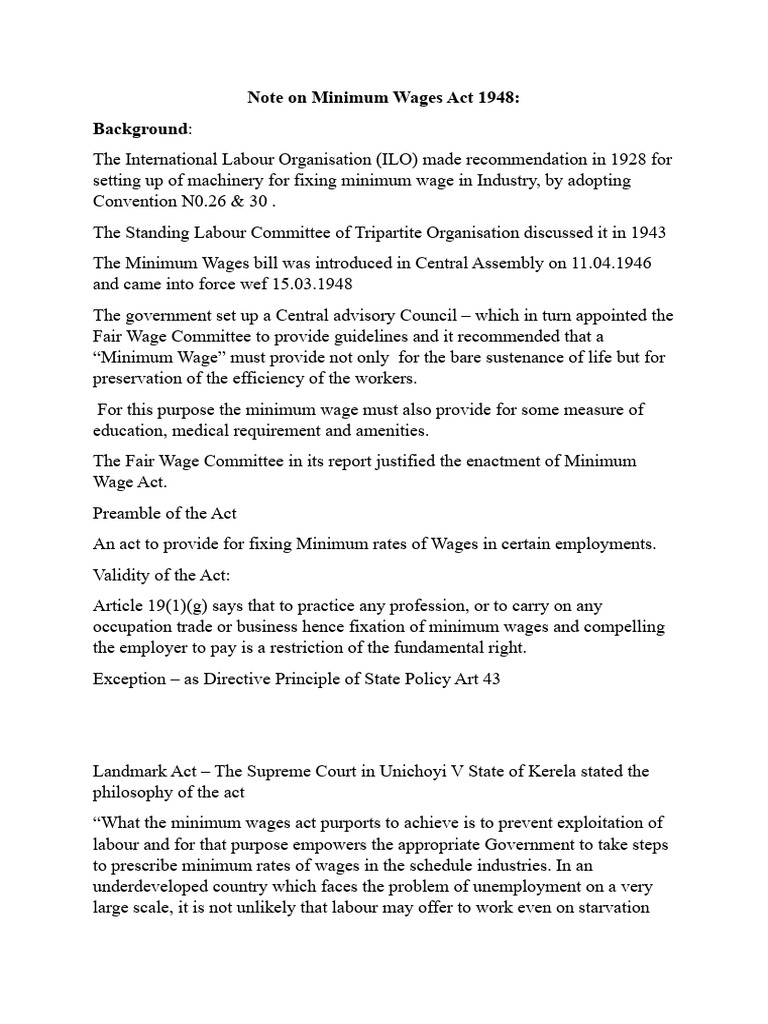 Note On Minimum Wages Act 1948 | PDF | Cost Of Living | Employment