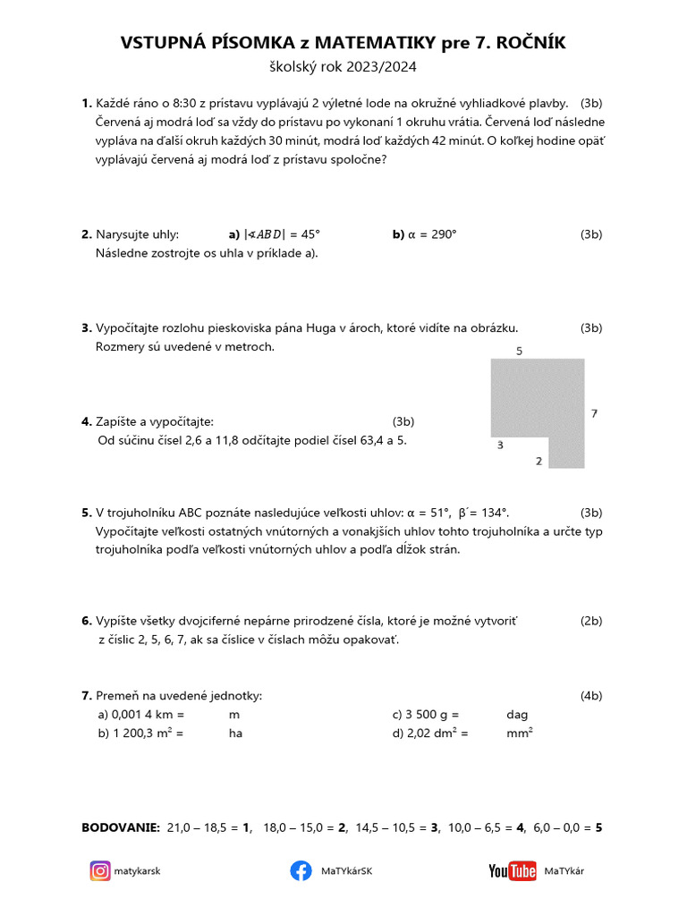 Vstupná Písomka Pre 7. Ročník - 23-24 | PDF
