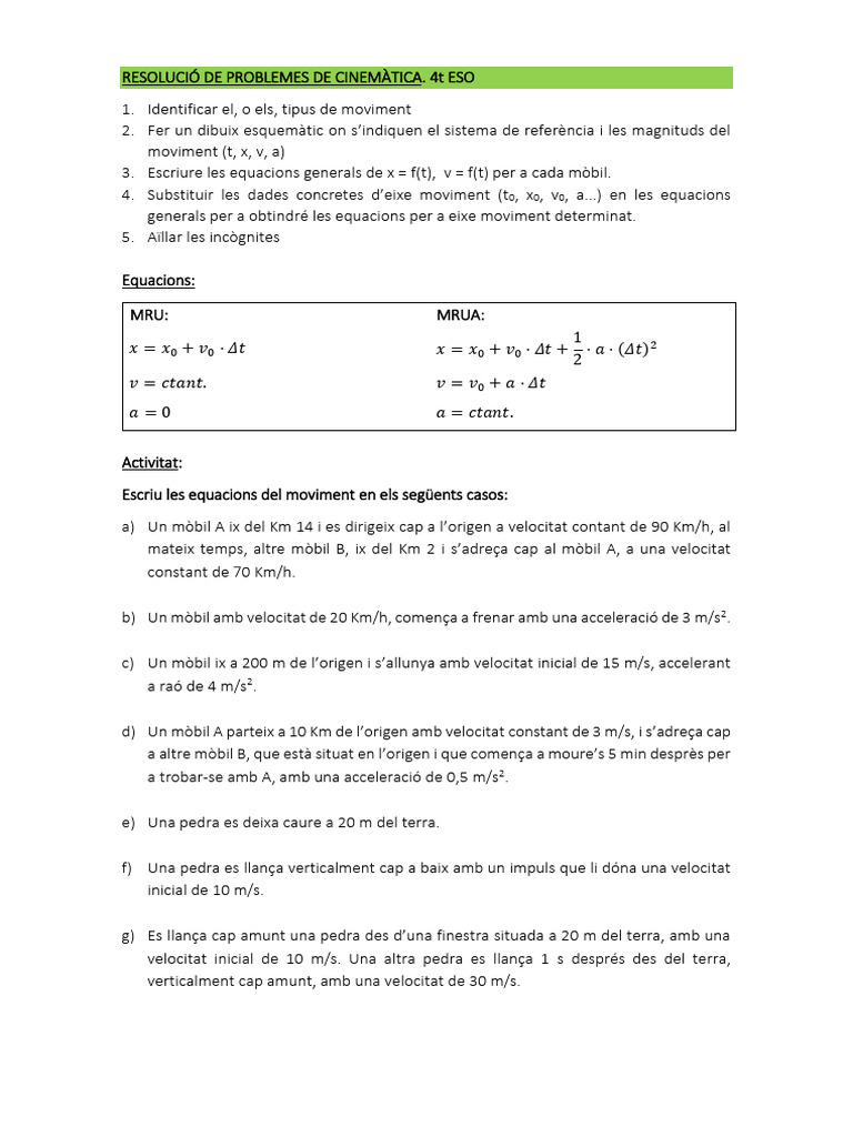 Resolució de Problemes de Cinemàtica | PDF