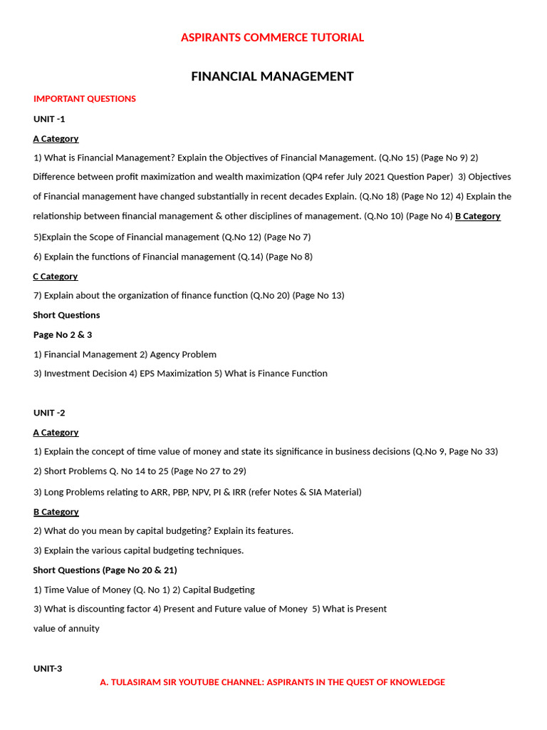 Financial Management Important Questions | Download Free PDF | Capital Budgeting | Trade