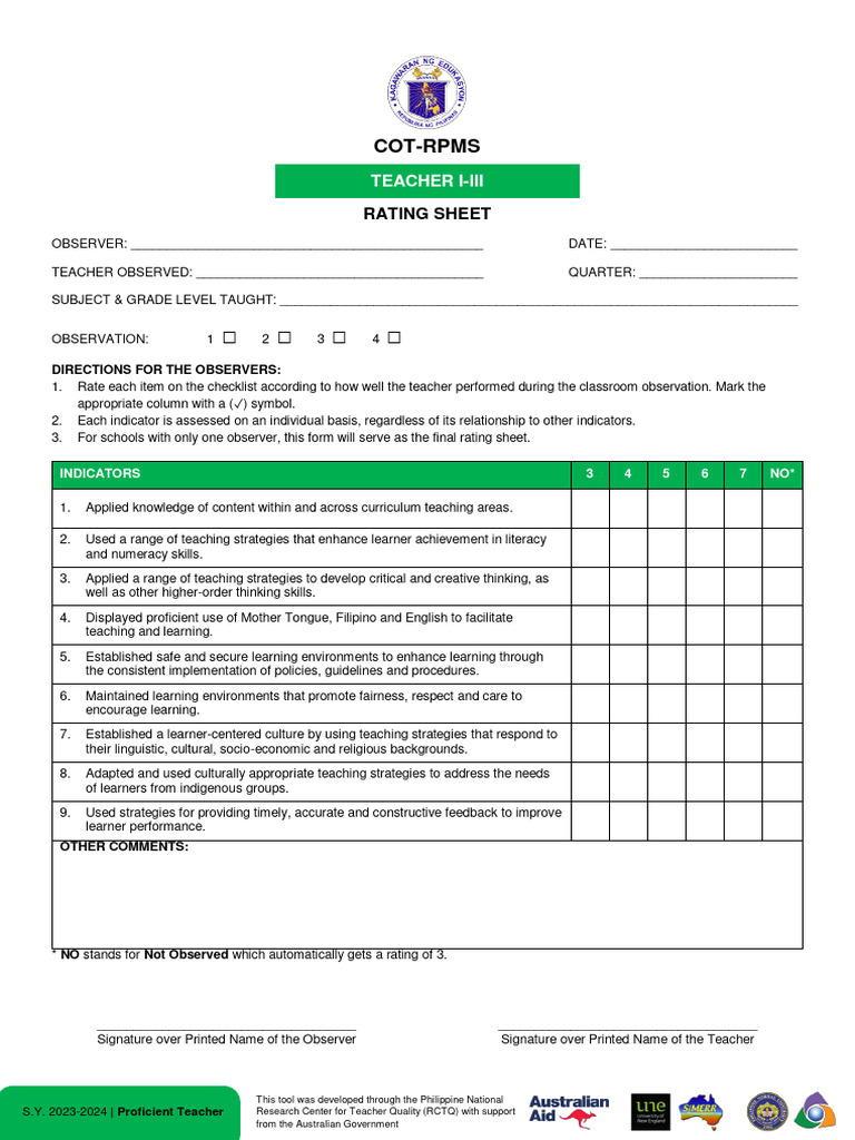 COT RPMS Rating Sheet For T I III For Sy 2023 2024 | PDF | Teachers ...