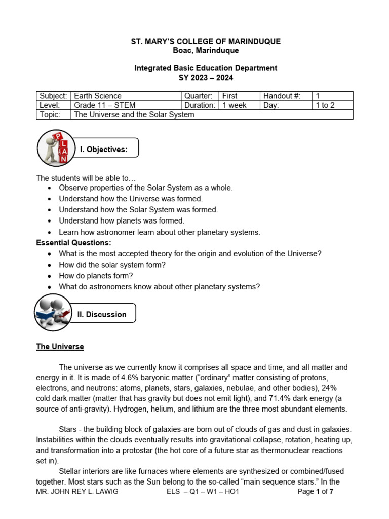 ELS ES Q1 HO1 The Universe and Solar System | PDF | Solar System | Universe