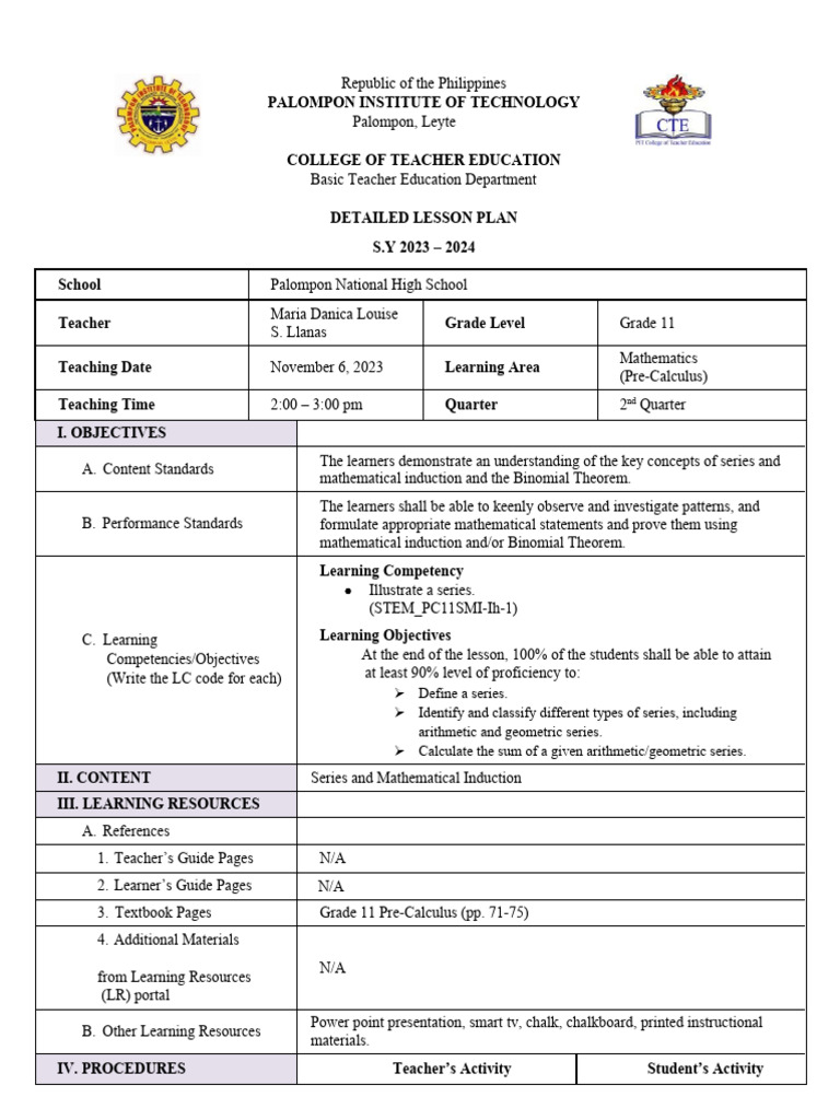 Grade 11 Pre-Calculus Lesson Plan | PDF | Prayer | Pattern