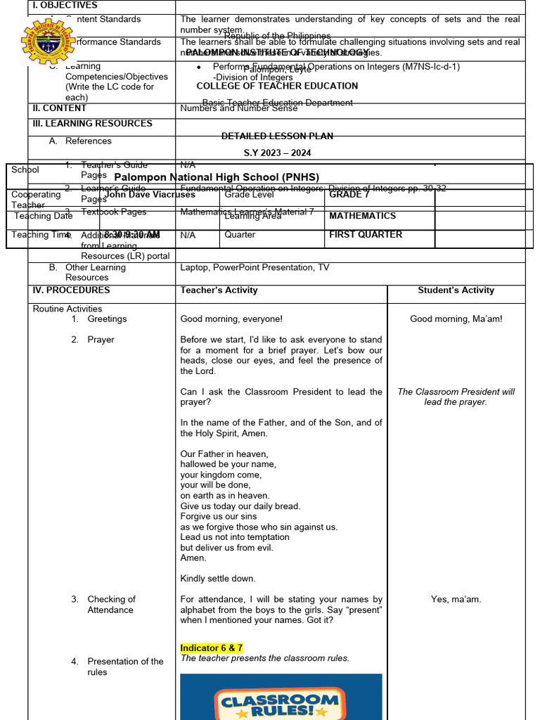 Dividing Integer Mathematics 7 Final Pdf Teachers Learning