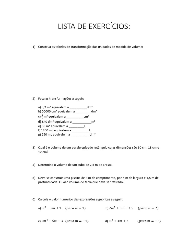 LISTA DE EXERCÍCIOS - Matemática Básica | PDF | Equações | Matemática