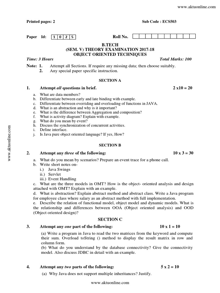 Btech Cs 5 Sem Object Oriented Techniques Ecs503 2018 | PDF | Method ... Btech Cs 5 Sem Object Oriented Techniques Ecs503 2018 | PDF | Method ...