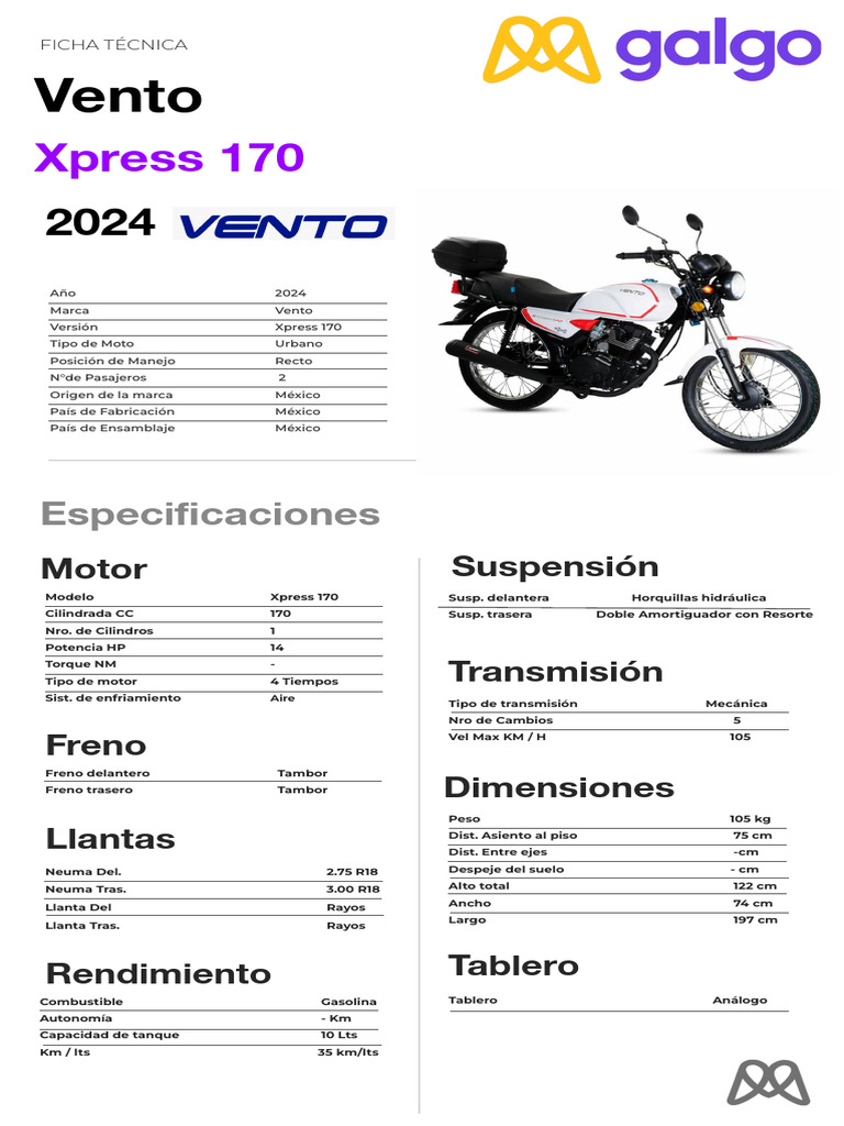 Ficha T Cnica Vento Xpress 170 Galgo | PDF