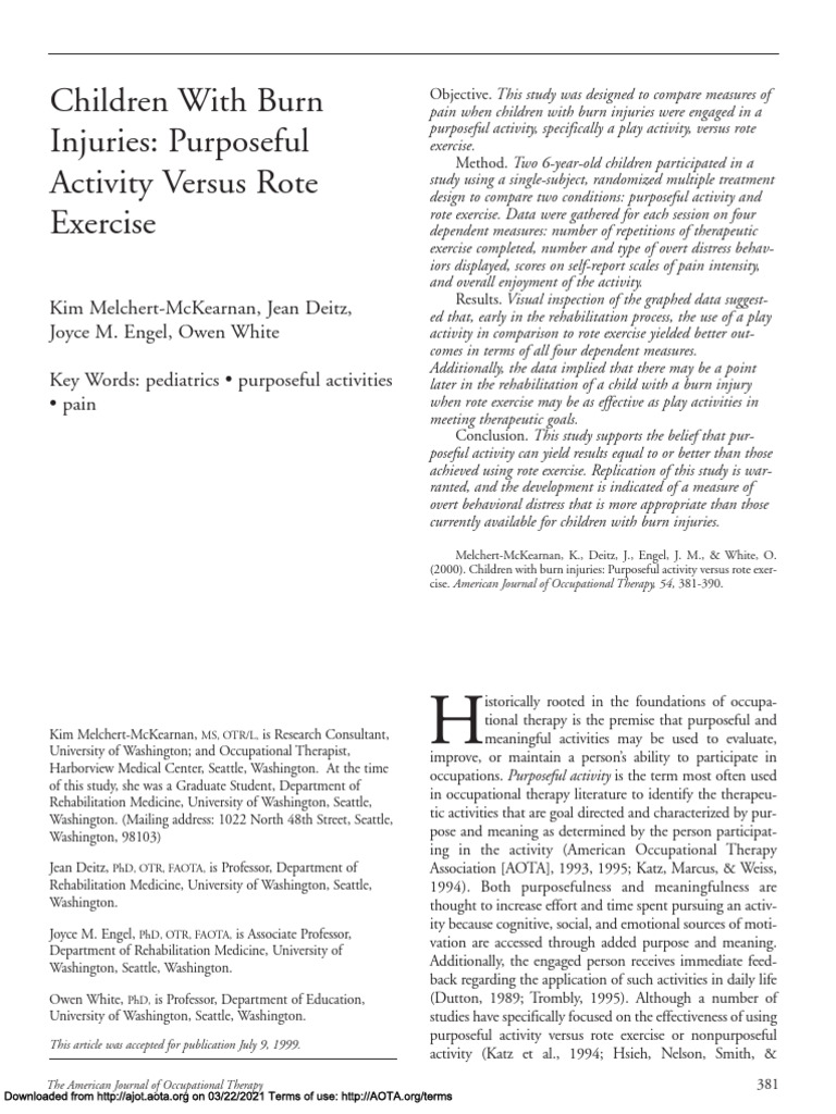 Purposeful Activity Vs Rote Exercise For Children With Burn Injuries | PDF