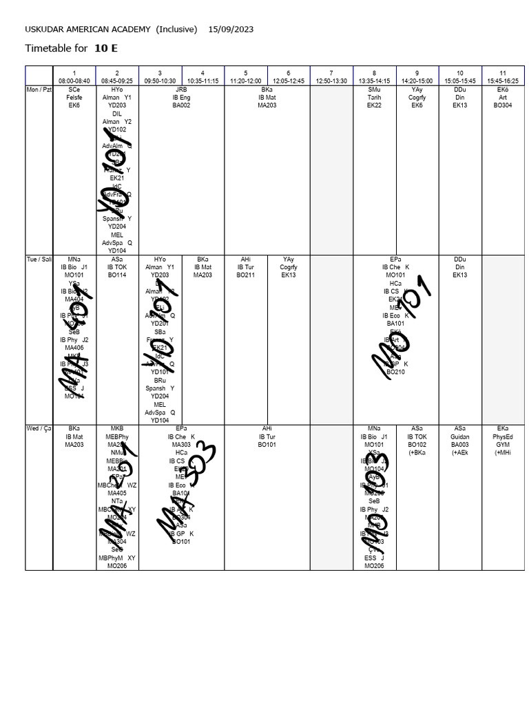 Grade 10 E Class Timetable | PDF