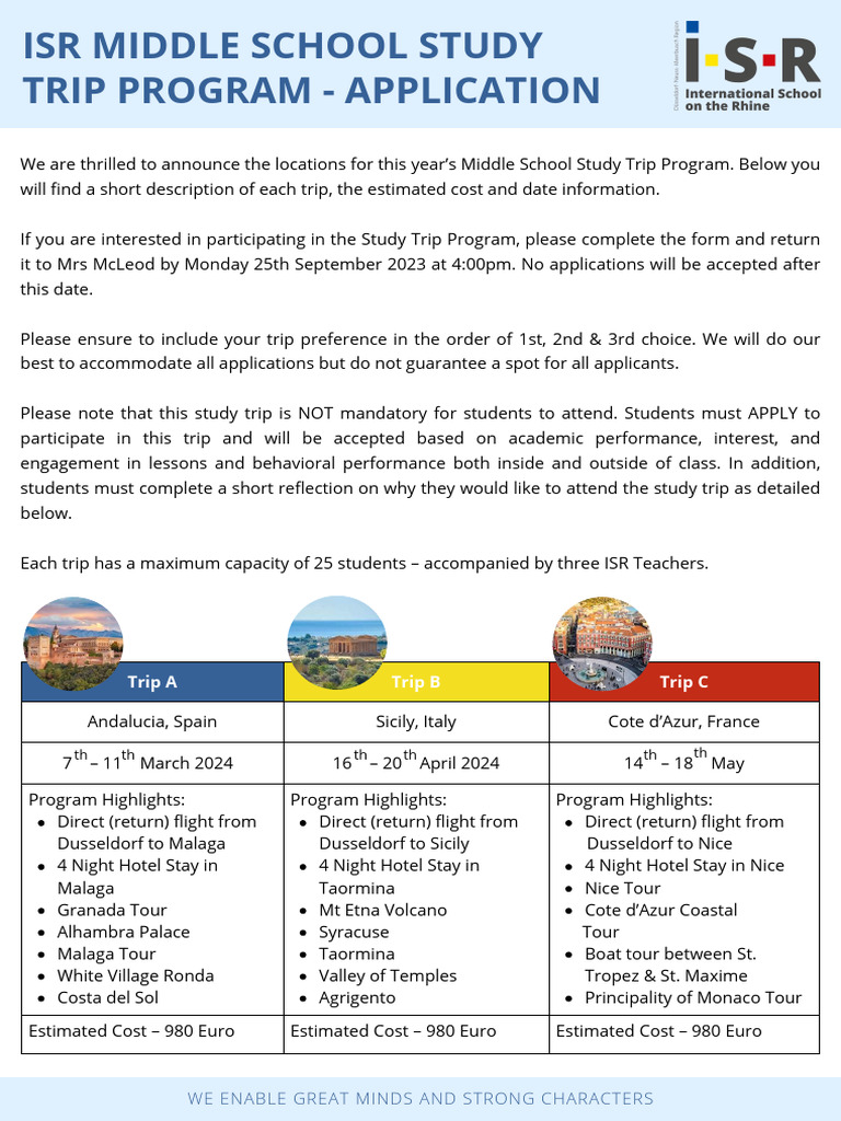 Middle School Study Trip Program - Application | PDF
